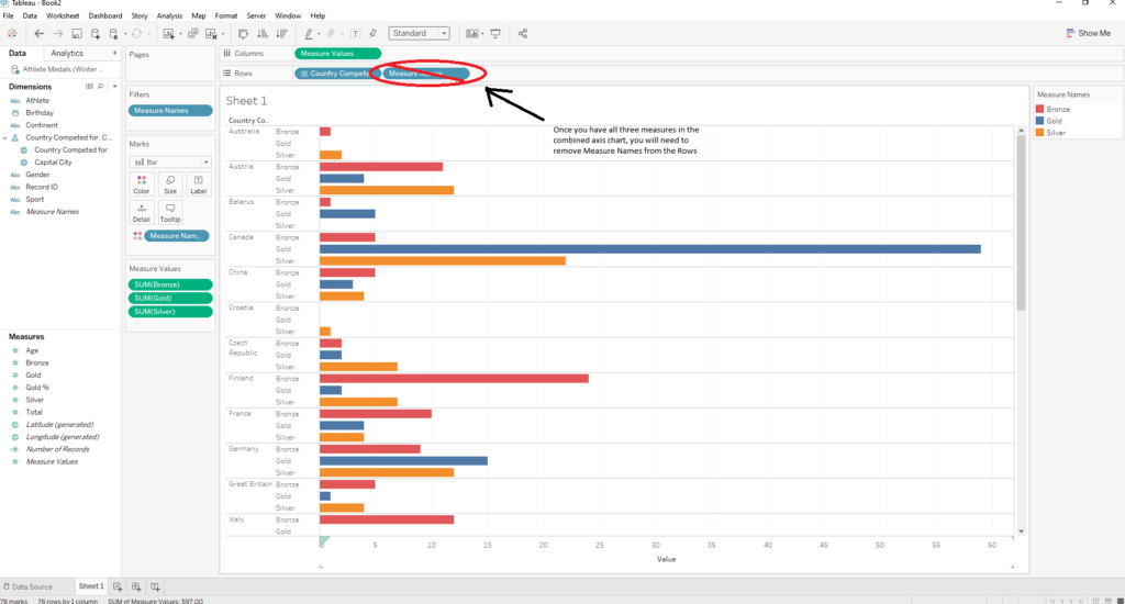 How can you pull a third measure into a dual axis bar in bar chart in ...